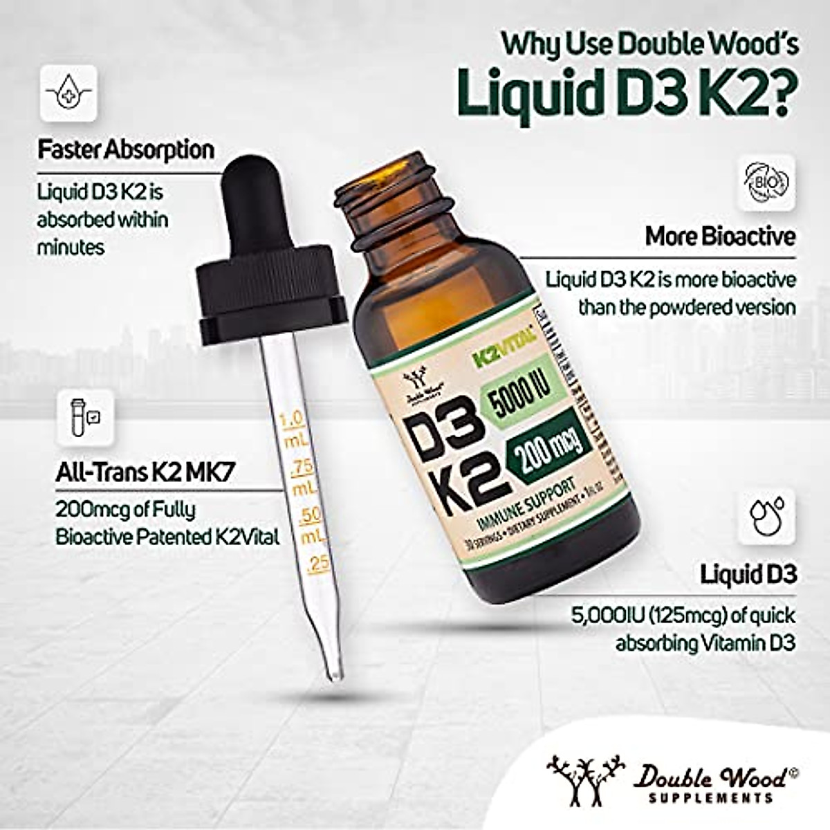 Vitamin D3 K2 5,000 IU Liquid Drops (5,000 IU of D3 and 200mcg of 99.9% All-Trans Patented K2 MK-7 (K2Vital)) Max Absorption Liquid Vitamin D Drops (30 Servings) by Double Wood