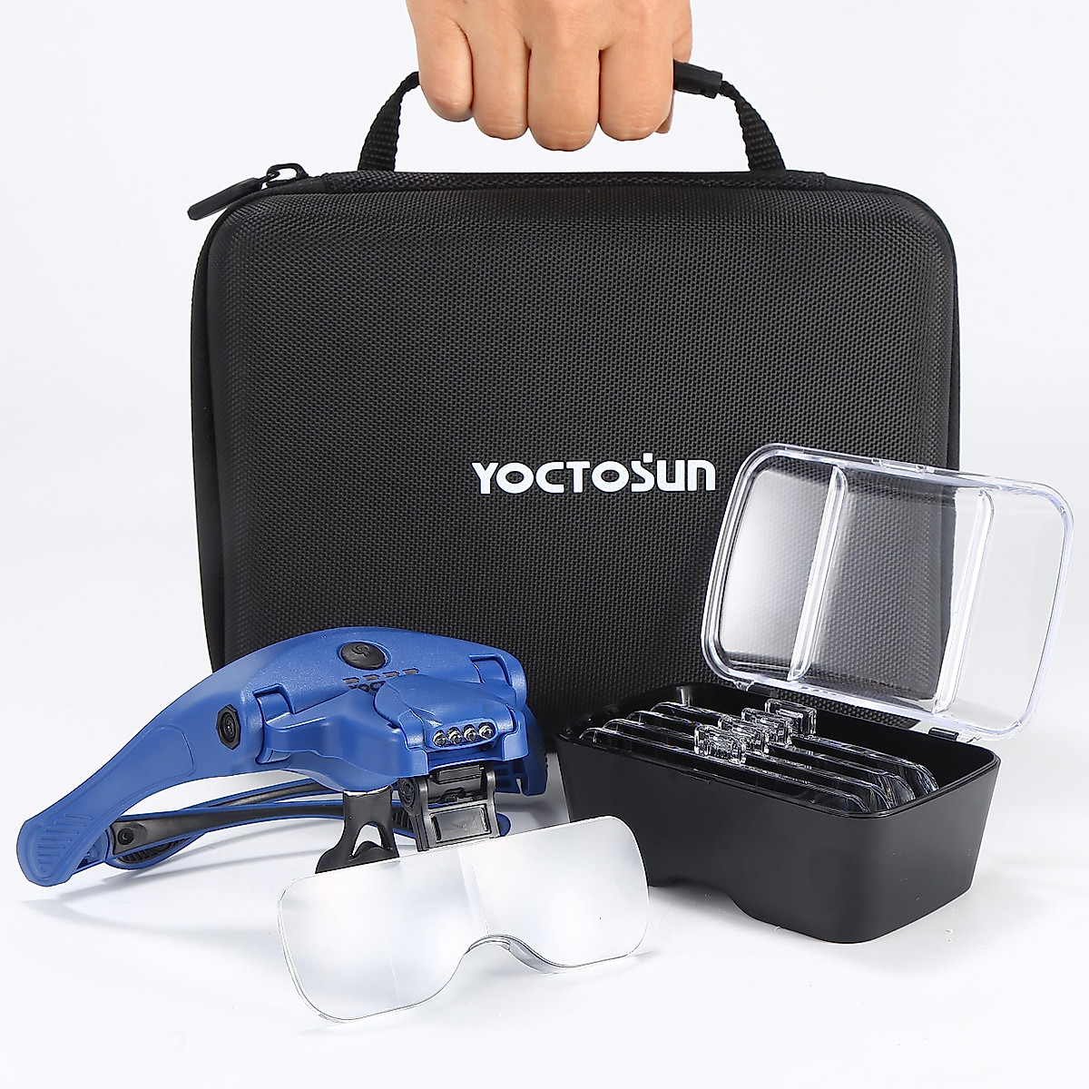 YOCTOSUN Magnifying Glasses with 4 LED Lights 5 Lenses Headband Storage Case Hands Free Lighted Head Magnifier for Crafts Cross Stitch Painting Close Work and Hobby