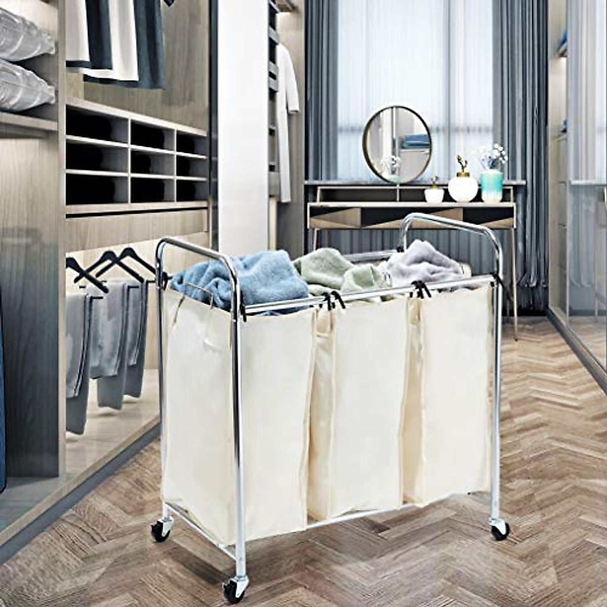 Seville Classics Laundry Hamper Sorter Cart Mobile Premium 3-Bag Heavy-Duty, Chrome