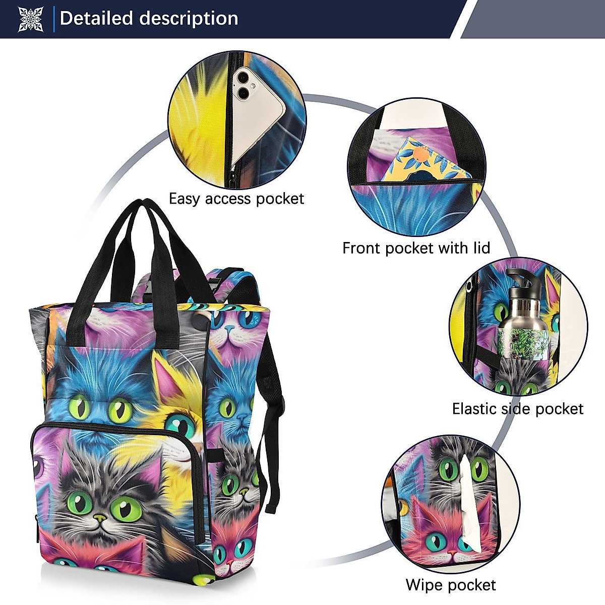 xigua Cute Cats Diaper Bag Backpack Multi Function Baby Changing Bags Waterproof Large Capacity Travel Back Pack for Mom Dad