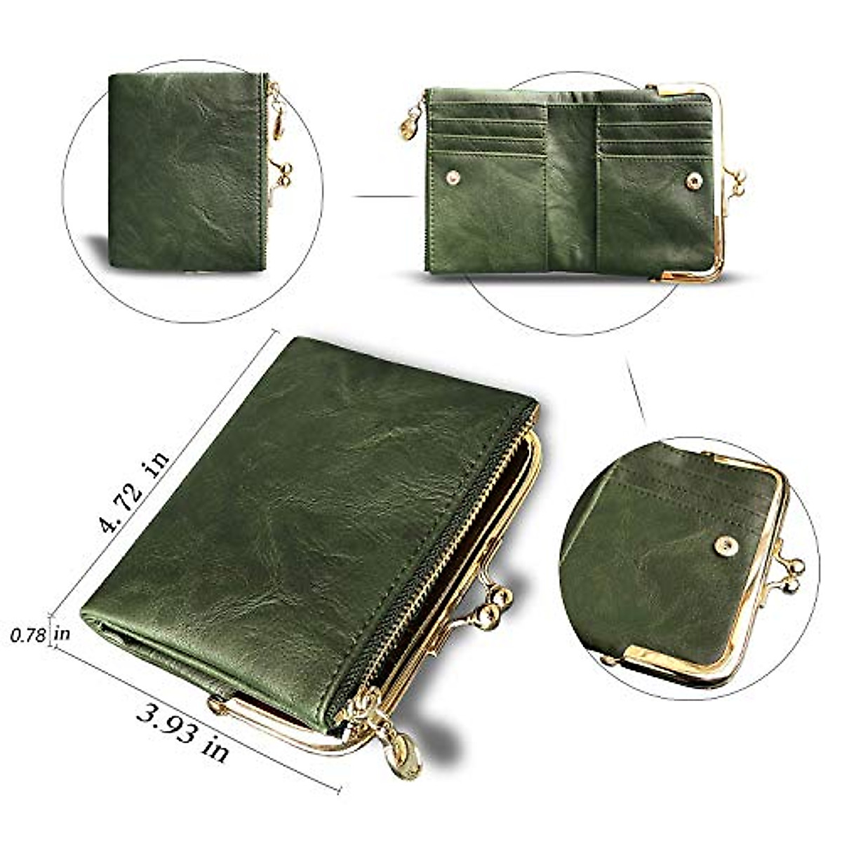AOXONEL Womens Wallet Small Rfid Ladies Compact Bifold Leather Vintage Coin Purse With Zipper and Kiss Lock (Green)