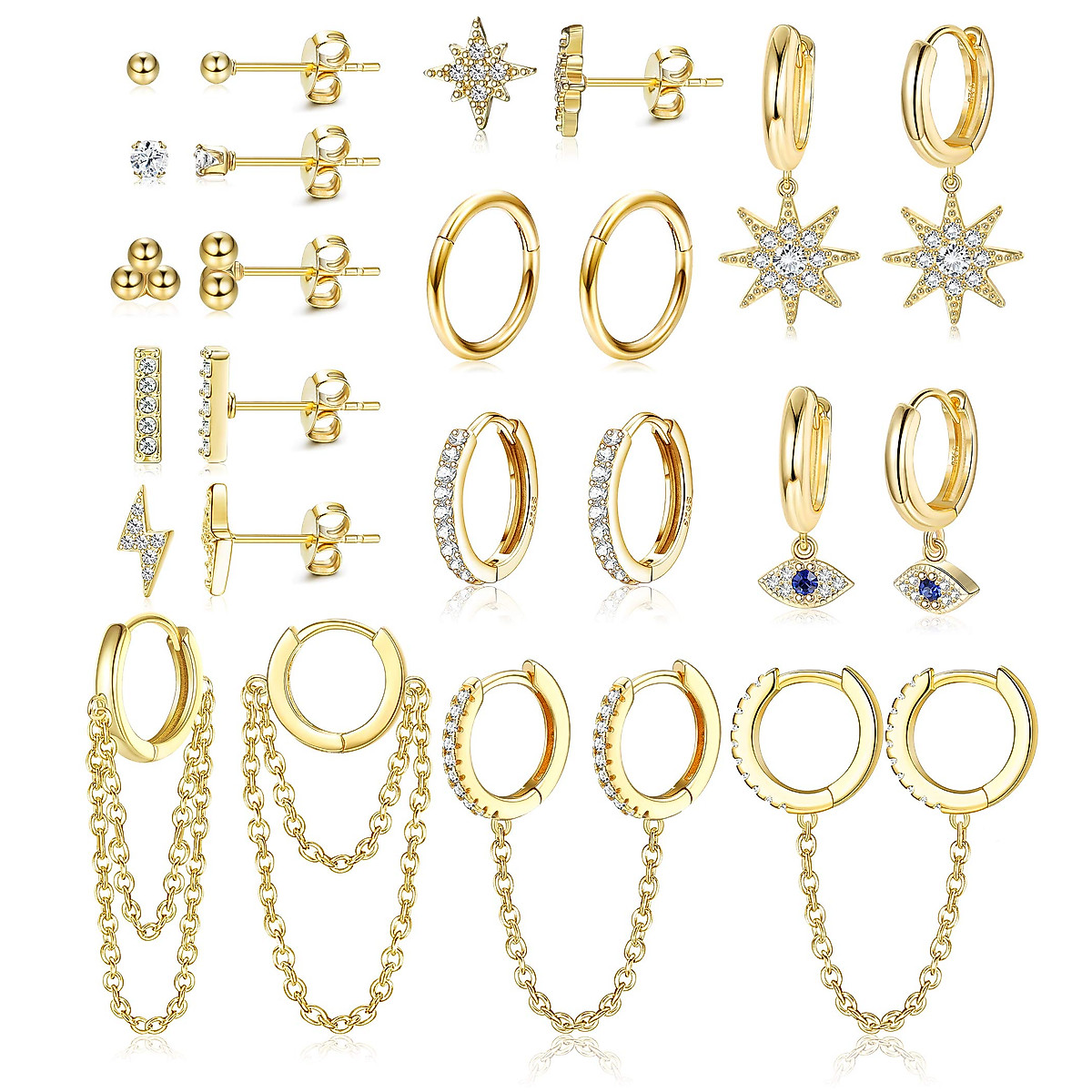 IRONBOX Earrings Set with 14K Gold Plated Huggie Hoop Studs (12Pairs) for Women Small Dainty Minimalist Chain Earrings Cartilage CZ Ball for Multiple Piercing