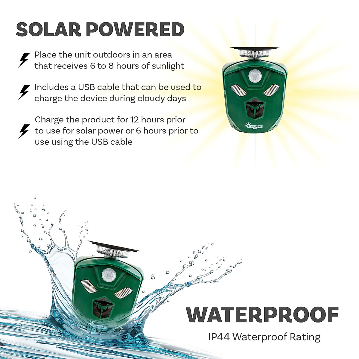 Sunnydaze 360° Solar-Powered Ultrasonic Animal Repeller with Mounting Pole - Solar Power or USB - 3 PIR Motion Sensors