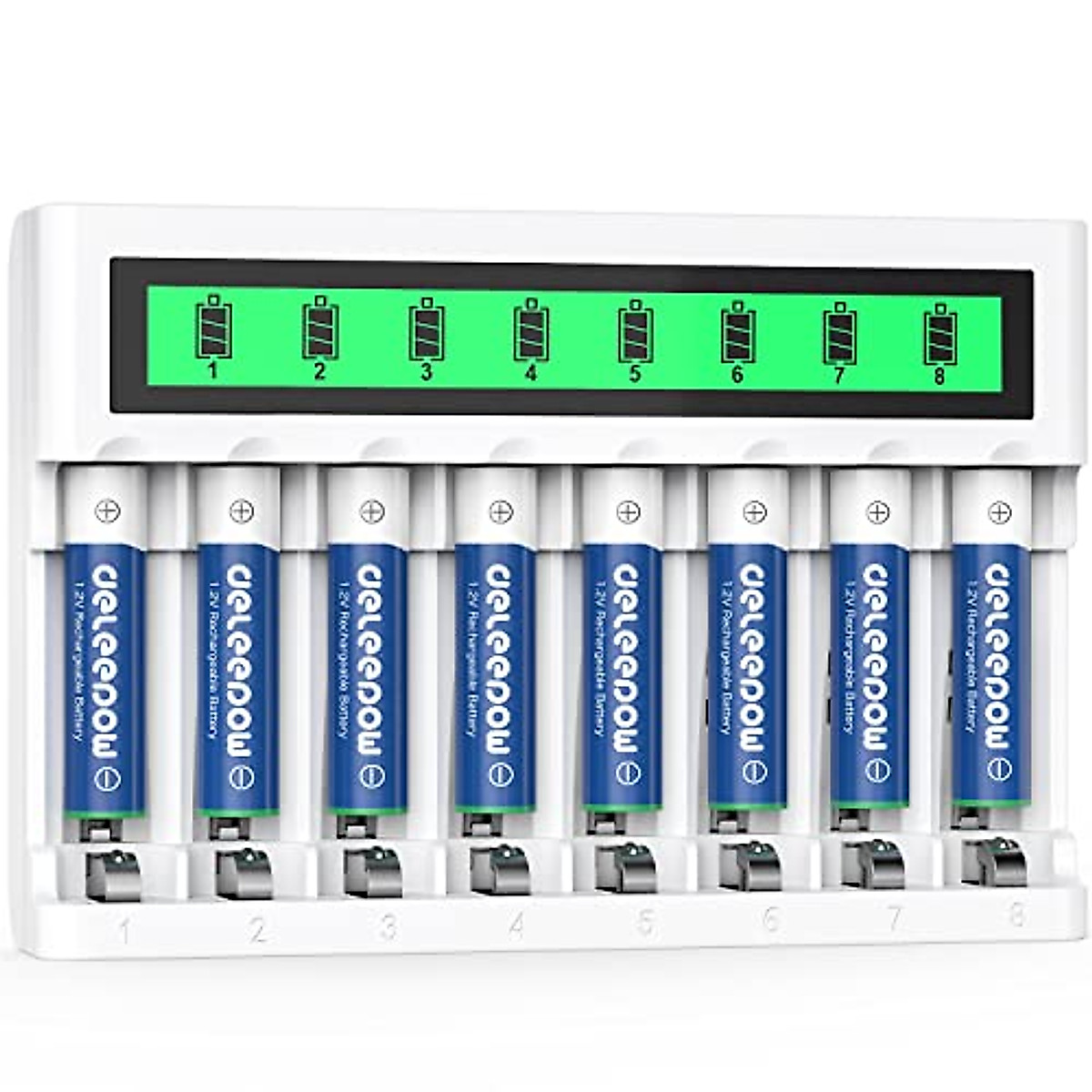 Deleepow AAA Batteries Rechargeable 1100mAh AAA Nimh Rechargeable Batteries 1200Cycles 1.2V 8-Pack with LCD USB-C and Micro USB 2 Charge Port Charger