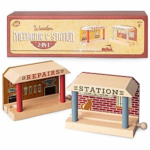 Wooden Train Track Mechanic & Station Service Building - Conductor Carl 2-in-1 Mechanic Service & Train Station for Customizing Wooden Train Track Sets