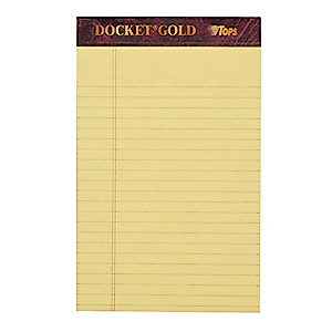 Tops™ Docket Gold™ Premium Writing Pads, 5" x 8", Jr. Legal Rule, Canary, 50 Sheets Per Pad, Pack Of 6 Pads