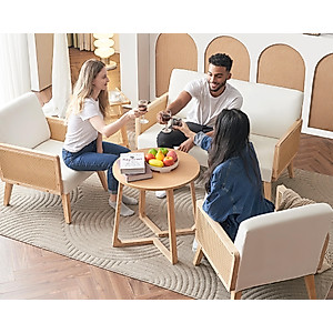 AMERLIFE Rattan Sofa, 2 Piece Sofa Couch Set- Sofa Chair for Living Room with Rattan Armrest, Loveseat Sofa Set, Velvet White Armchair