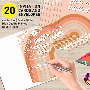UDNADKEX 10th Birthday Invitations Girl Groovy with Envelopes, Invites for Girls Out Single Digits Birthday Party Daisy Rainbow, Hippie Retro Birthday Party Invitations Cards, 4"x6" Set of 20