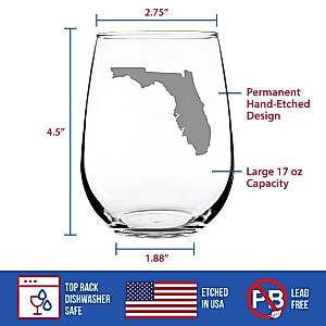 Florida State Outline Stemless Wine Glass - State Themed Drinking Decor and Gifts for Floridian Women & Men - Large 17 Oz Glasses