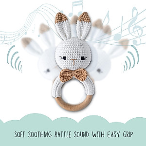 Hello Teddio Baby Rattle Teething Toy, Smooth Wooden Easy Grip Ring, Gender Neutral Baby Gifts