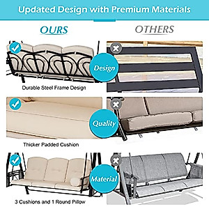 AECOJOY 3-Seat Porch Swing Chair, Patio Swing Chair with Stand and Removable Cushions, Outdoor Canopy Swing Chair for Outside, Backyard, Garden(Beige Cushion&Steel Frame)