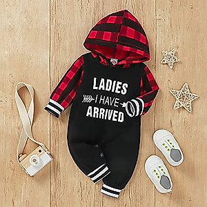 Tikoubabe Baby Boy Clothes Fall Winter Outfits Infant Long Sleeve Hoddie Romper Ladies I Have Arrived Printed 0-3 Months 70CM Red Plaid