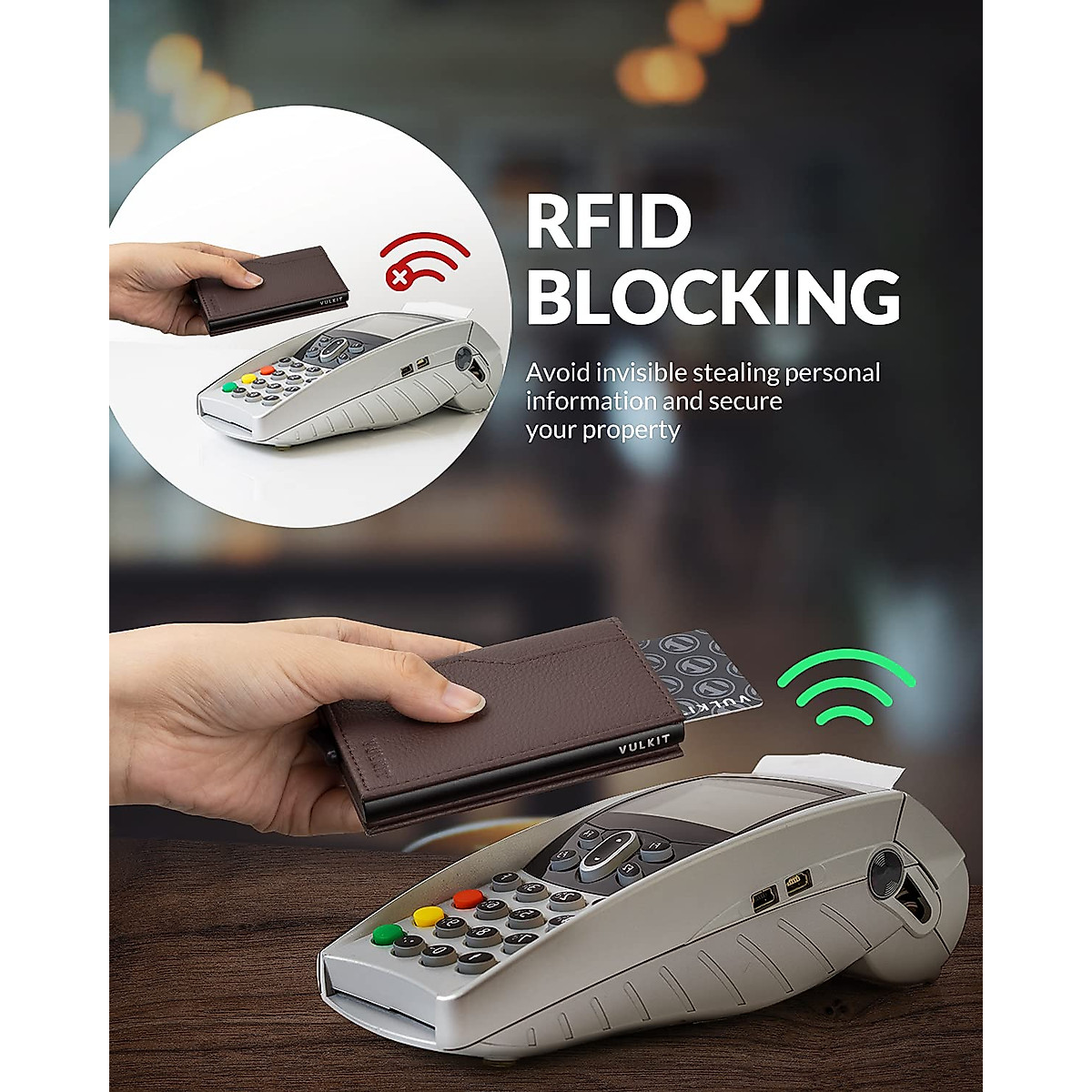 VULKIT Card Holder Wallet for Mens with ID Windows RFID Blocking Pop Up Wallet Slim Leather Wallet Holds Up to 12 Cards Men's Card Case, Dark Brown