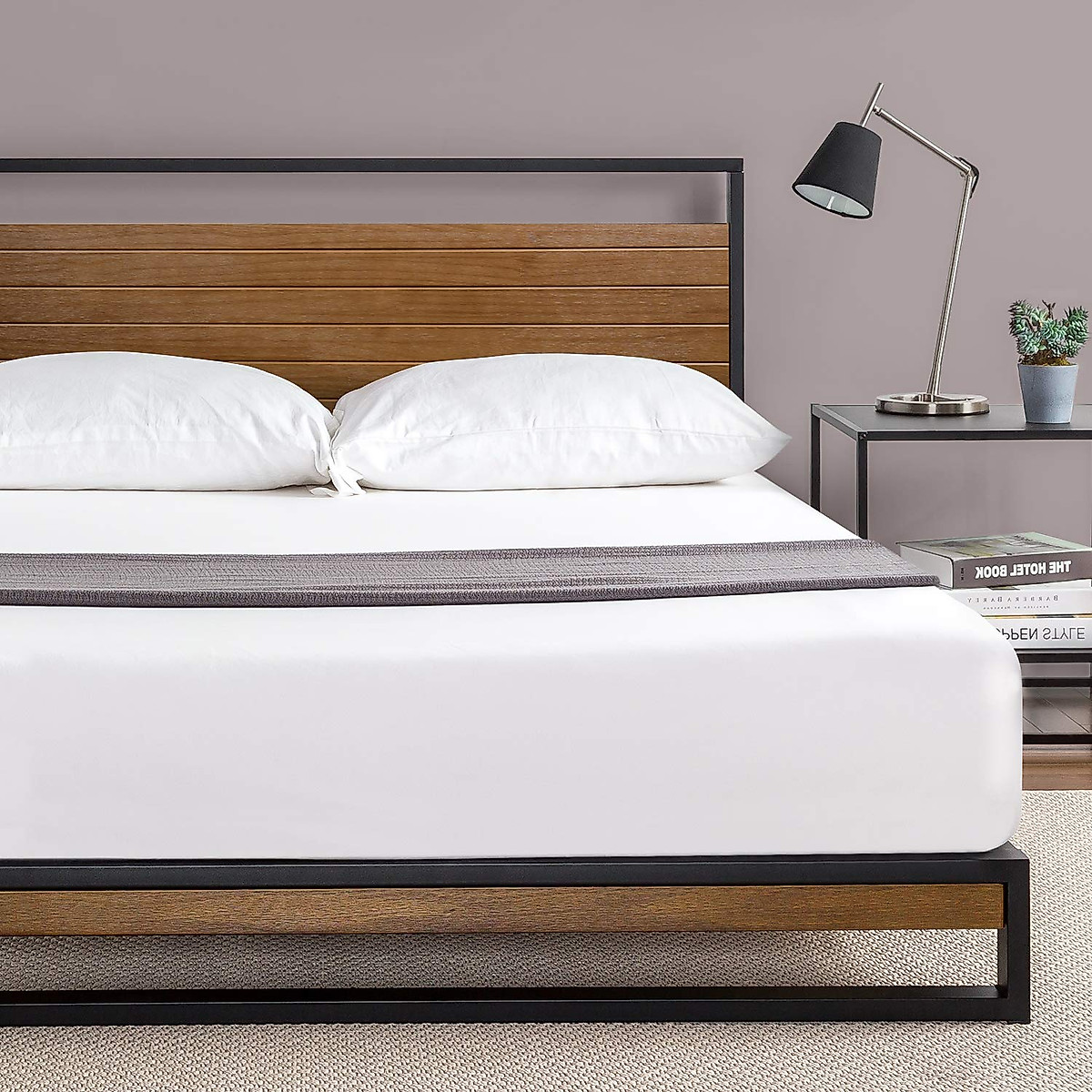 ZINUS Suzanne 37 Inch Metal and Wood Platform Bed Frame / Solid Wood & Steel Construction, Chestnut Brown, Queen & 12 Inch Green Tea Memory Foam Mattress, Queen