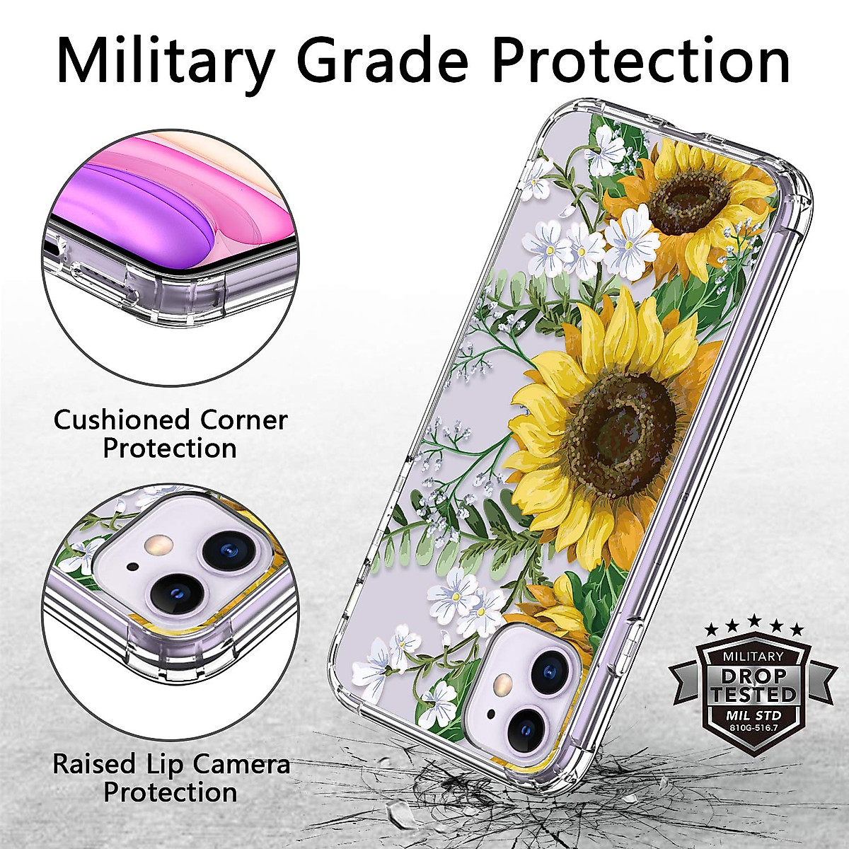 ICEDIO iPhone 11 Case with Screen Protector,Clear with Nice Sunflowers Floral Flower Patterns for Girls Women,Shockproof Slim Fit TPU Cover Protective Phone Case for Apple iPhone 11 6.1 inch