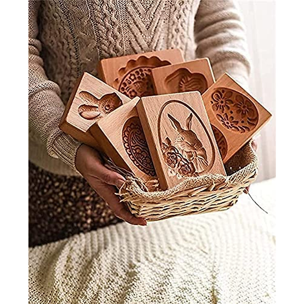 Wooden Cookie Molds, Wooden Cookie Biscuit Mold Baking Cookie Mold Wooden Carved Mold Cookie Cutter Embossing Mold, DIY Shapes Cookie Stamp,Gingerbread Mold,Pine Cone Mold (Rabbit)