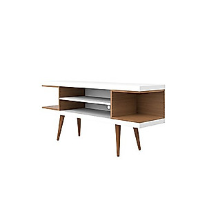 Manhattan Comfort Utopia Collection Mid Century Modern TV Stand With Open 3 Open Shelves and Two Open Cubbies, White/Wood