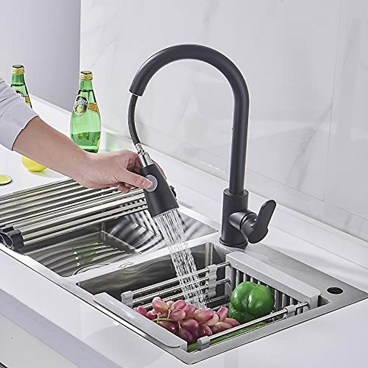 Kitchen Sink Faucet for Bar Farmhouse Commercial, Black Kitchen Faucets, Silver Single Handle Pull Out Kitchen Tap, Single Hole 1 Handle, Swivel 360 Degree Water Mixer Tap (Color : Black)