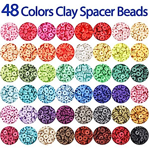 Quefe 6300pcs Clay Heishi Beads with 130pcs Letter Beads, Polymer Flat Round Disc Beads Kit with Elastic String, Pendant, and Jump Rings, for DIY Jewelry Marking Bracelets Necklace, 48 Colors 6mm