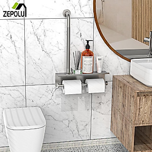 Toilet Paper and Wipes Holder Grab Bar Combo, Zepolu Brushed Nickel Anti-Slip Safety Bar, Wall Mounted Bathroom Handrail w/Storage Shelf, Stainless Steel Handicap Toilet Paper Holder Assist Handle