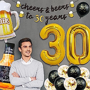 30th Birthday Decorations for Him, 30 Birthday Decorations with 40 Inch Gold 30 Number Balloons, Cheers to 30 Years Banner,Fringe Curtains and Cups Foil Balloons