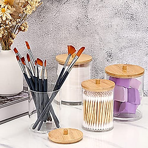Hipiwe Acrylic Qtip Holder Dispenser with Lid 4-Pack Clear Apothecary Jars Vanity Makeup Organizer Bathroom Accessories Storage Canisters for Cotton Ball Swab Round Pads Floss