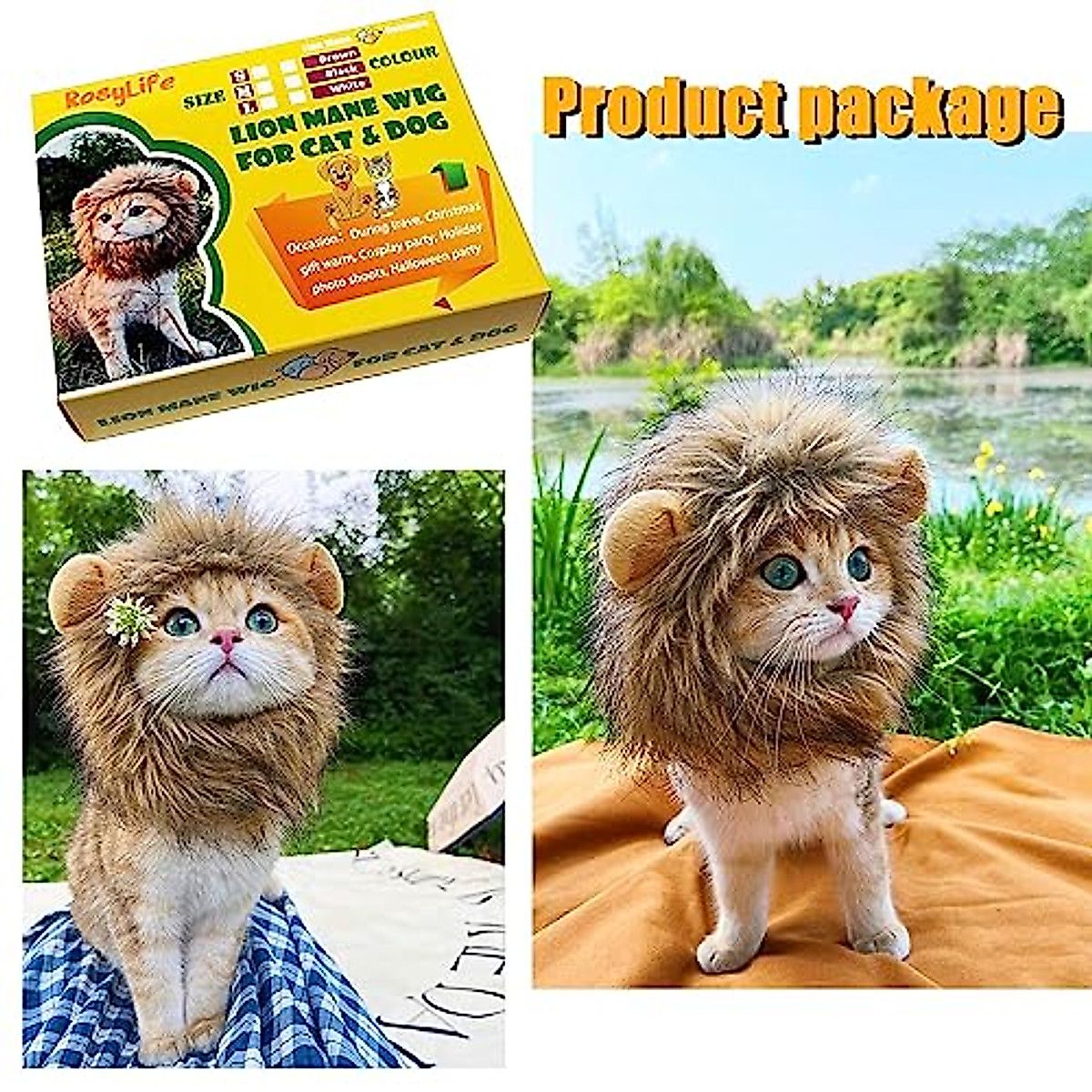 RosyLife Lion Mane Wig for Cat Costume Pet Adjustable Washable Comfortable Fancy Lion Hair Cat Clothes Dress for Halloween Christmas Easter Festival Party Activity (Brown)