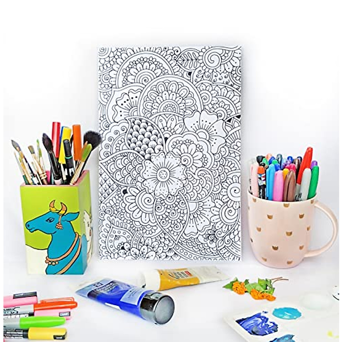 Henna Doodle Coloring Canvas For Adults, Stretched primed canvas to color