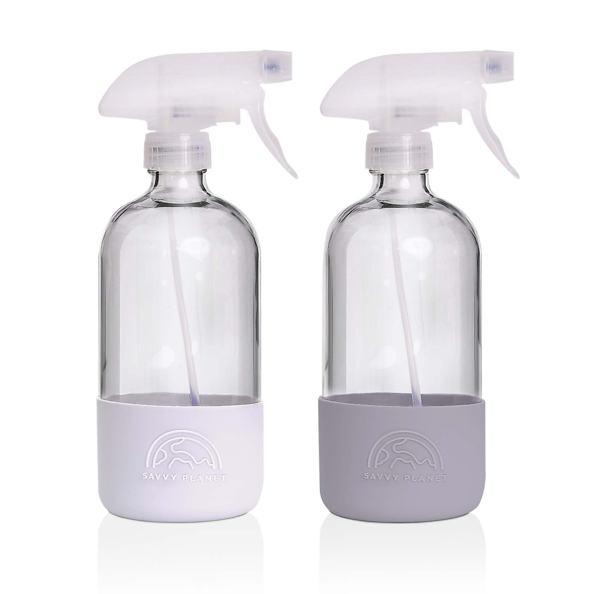 SAVVY PLANET Empty Clear Glass Spray Bottles with Silicone Sleeve Protection - Refillable 16 oz Containers for Cleaning Solutions, Essential Oils - Quality Sprayer - 2 Pack (White & Gray)