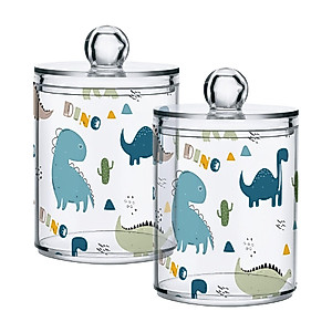2 PACK Cartoon Dinosaur Qtip Holder Dispenser for Cotton Ball, Cotton Swab, Cotton Round Pads, Floss Picks - Plastic Apothecary Jar Set for Bathroom Canister Storage Organization