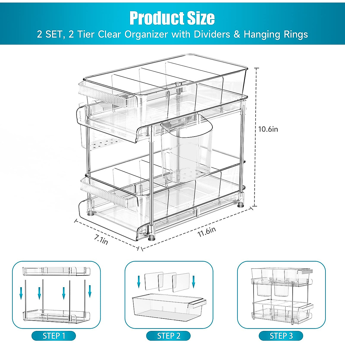 2 Tier Clear Organizer with Dividers, Multi-Purpose Pull Out Storage Container with Hanging Cups, Clear Under Sink Organizers, Bathroom Kitchen Pantry Storage, Medicine Cabinet Organizer(2 SET)