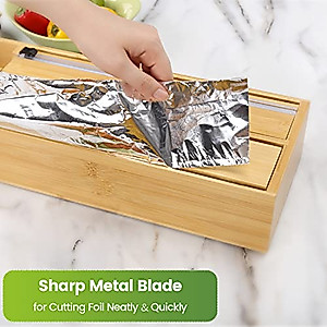Soligt 2 in 1 Foil and Plastic Wrap Organizer | Aluminum Foil Dispenser with Serrated Edge | Plastic Wrap Dispenser with Cutter | Bamboo Kitchen Drawer Organizer Fit Parchment, Wax Paper
