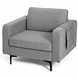 Giantex Single Sofa, Accent Chair, Leisure Chair w/Comfy Thick Cushion, Armrest Magazine Pockets, Metal Legs, Living Room Upholstered Armchair for Bedroom Reception Room