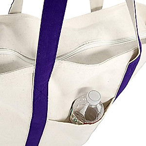 DALIX 22" Extra Large Cotton Canvas Zippered Shopping Tote Bag in Purple