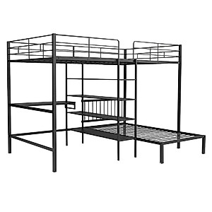 Merax Full Over Twin Metal Bunk Bed, L Shaped Loft Bed Frame with Built-in Desk, Shelves, and Ladder, Black