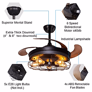 Ohniyou Retractable Blades Ceiling Fan with Lights and Remote, Rustic Industrial Ceiling Fan Ideal for Farmhouse, Patio, Kitchen, Bedroom, Living Room (42 Inches, Black)