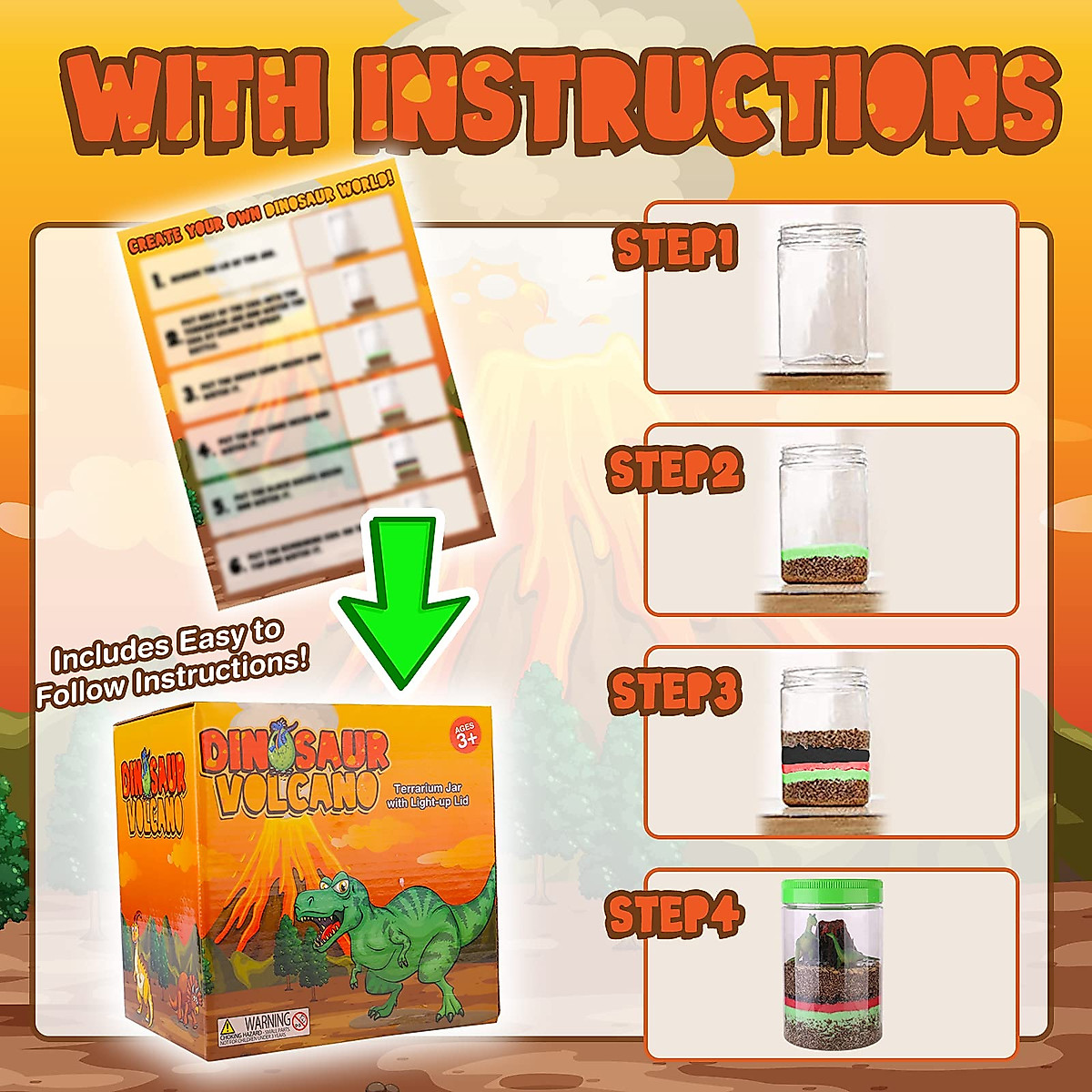 Motiveplay Light Up Dinosaur Terrarium Kit for Kids - Kids Toys, Best Kids Birthday Gift with Dinosaur Toys, Arts & Crafts, Night Light Growing Garden for Age 3, 4, 5, 6, 7, 8-12 Year Old