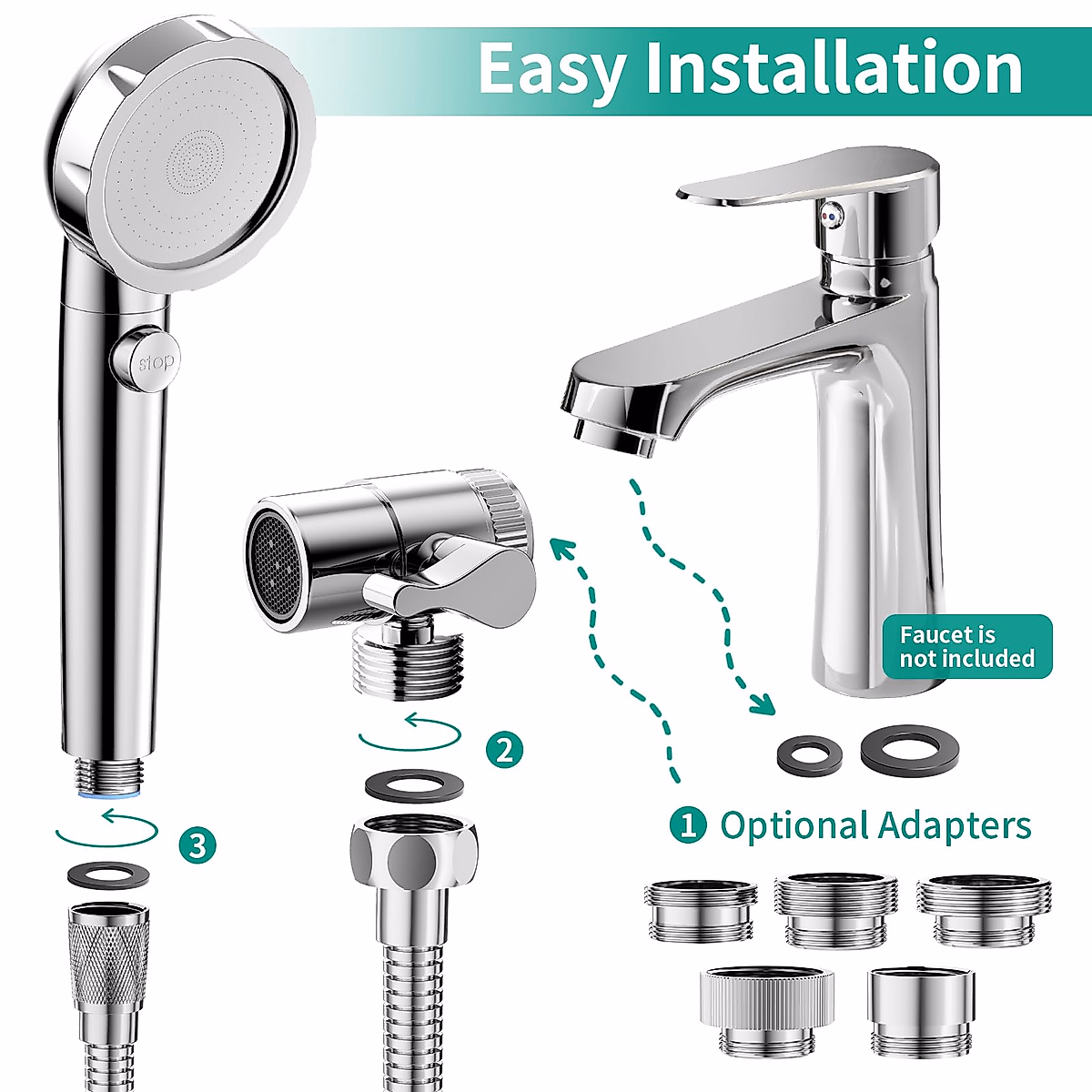 HEROBAI Sink Hose Sprayer Attachment for Faucet, 3 Mode Shower Head Attaches to Tub Faucet with 5 Adapters, High Pressure Shower Head for Bathtub, Handheld Showerhead with Filter (Chrome)
