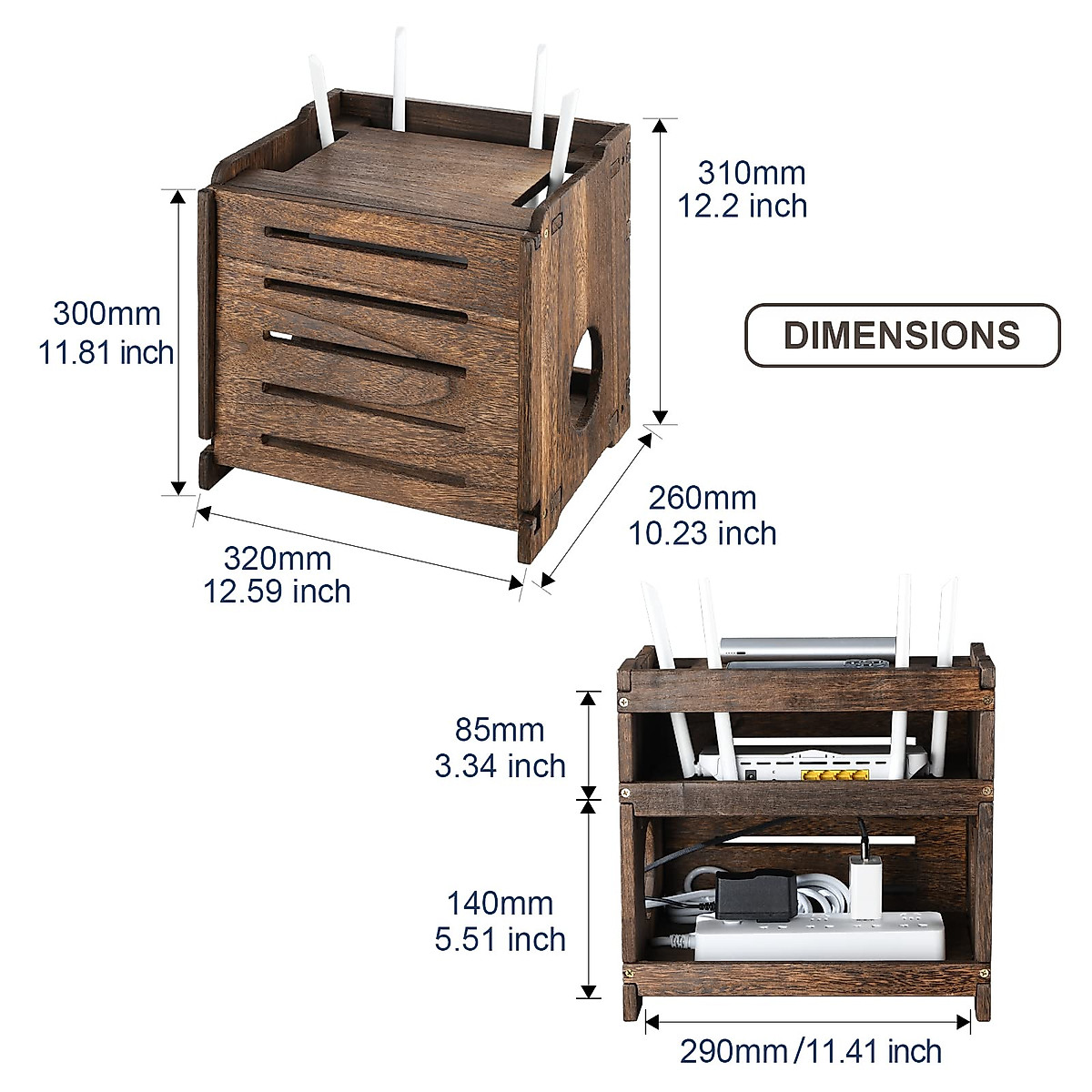 BEARUT Wooden Router Shelf Wall Mount WiFi Router Storage Box Modem Cable Router Cover Organized Power Strip Cable Management Hider Rack Need Assembly 11.4" W x 9.4" H x 9.1" D