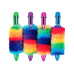 YOUKAI Pen for Girls with Plush Pompom 6 in 1 Multicolor Retractable Ballpoint Pens for Students Children,4 Pack