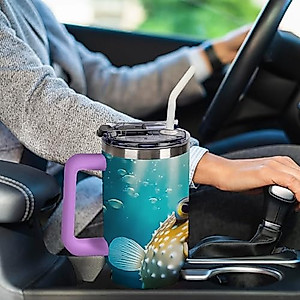 Cute Puffer Fish 40 Oz Car Cup Stainless Steel Travel Mug Leak-Proof Insulated Tumbler with Handle Violet-style