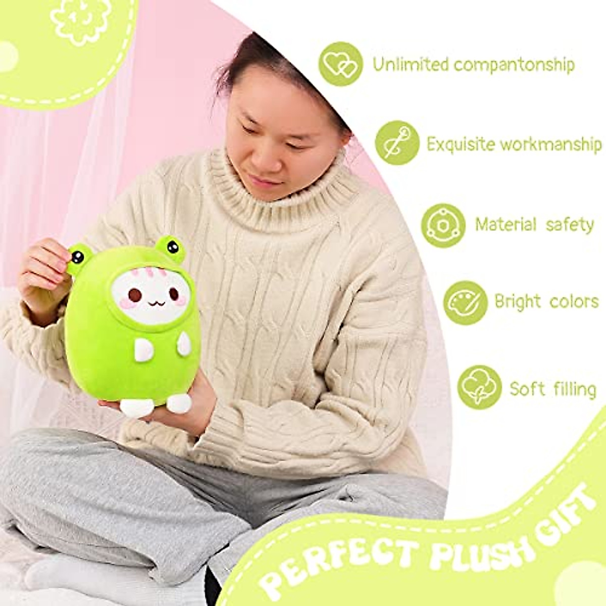 AIXINI Cute Cat Frog Plush Pillow 8" Kitten Frog Stuffed Animal, Soft Kawaii Cat Plushie with Frog Outfit Costume Gift for Kids