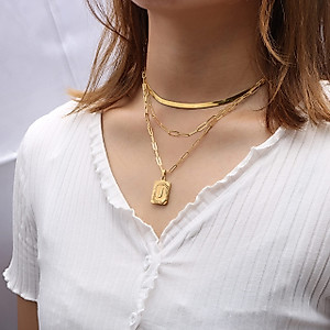 JoycuFF Layered Necklaces for Women, Initial 18K Gold Plated Paperclip Necklaces Herringbone Chain Simple Cute Letter Pendent Gold Initial Necklaces A