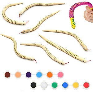 Unfinished Wooden Wiggly Snakes 8 Pcs with 12 Colors Acrylic Craft Paint and 2 Paint Brush - 12” Flexible Natural Timber Snake for Arts and Crafts Themed Birthday Party Supplies, Halloween Prop Toys