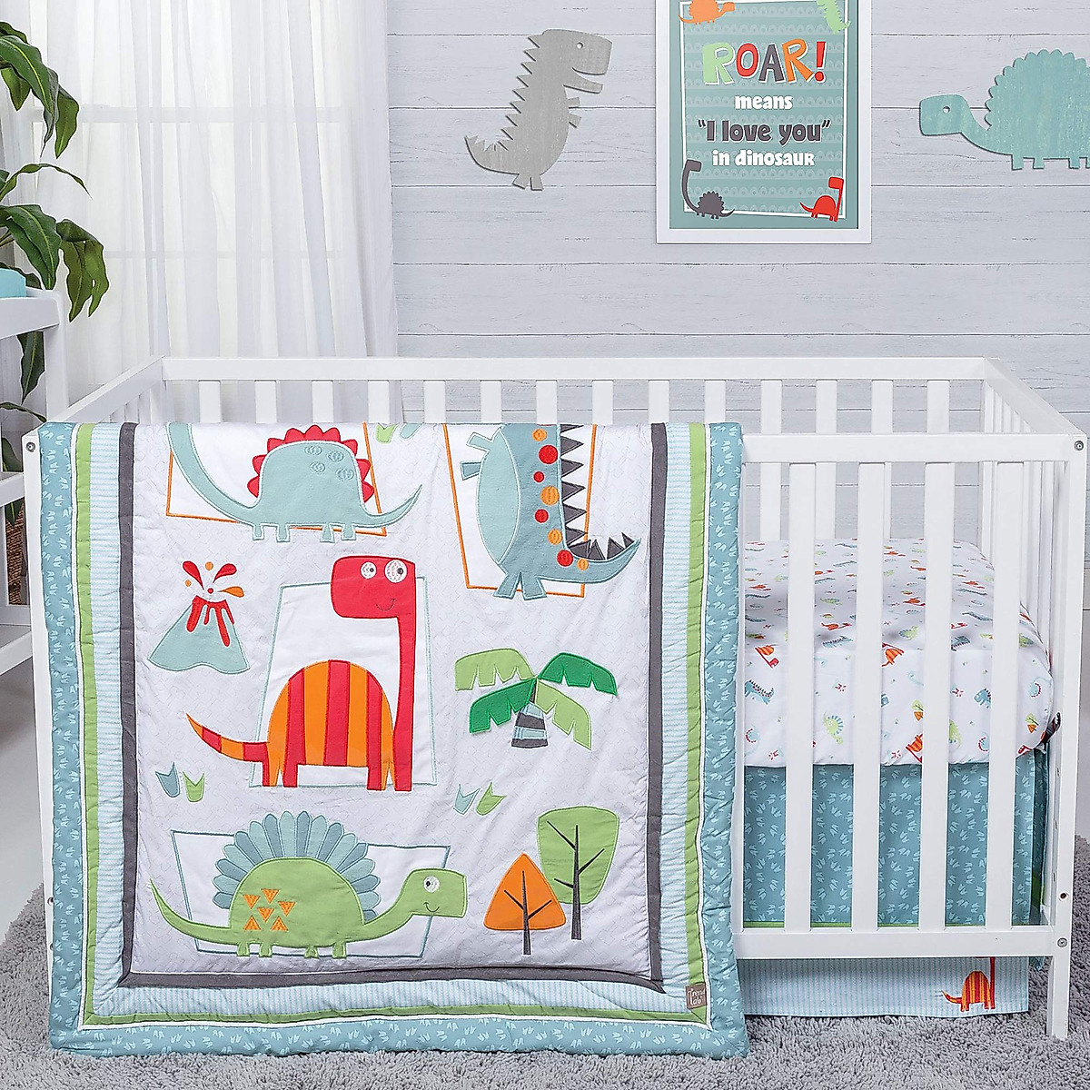 Trend Lab Dinosaur Roar Breathable 3-Piece Crib Bedding Set, Can Be Used As A Blanket Or A Playmat for Tummy Time, Includes Quilt, Fitted Crib Sheet and Skirt