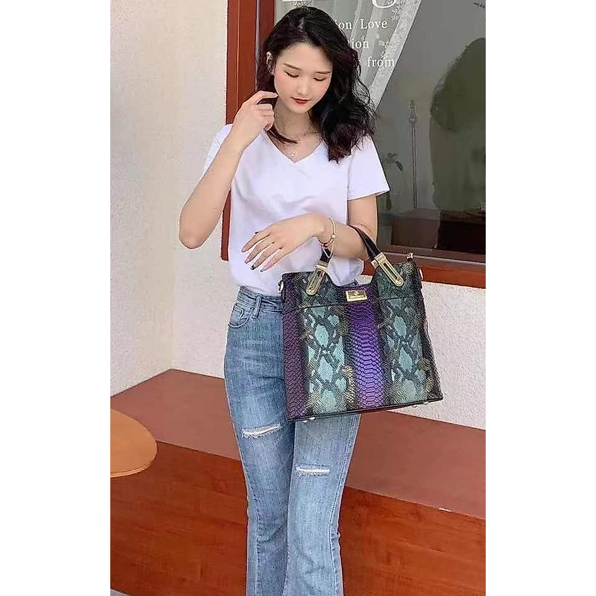 Shirt Luv Large Women's Top Handle Satchel Handbags Leather Chain Bag Purses Serpentine Tassel Shoulder Messenger Bags (Purple)