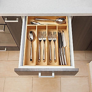 Umilife Bamboo Kitchen Drawer Organizer, 11 Inch Silverware Utensils Tray Holder with Grooved Dividers, 2.4" High Wood Caddy for Flatware Cutlery Knives