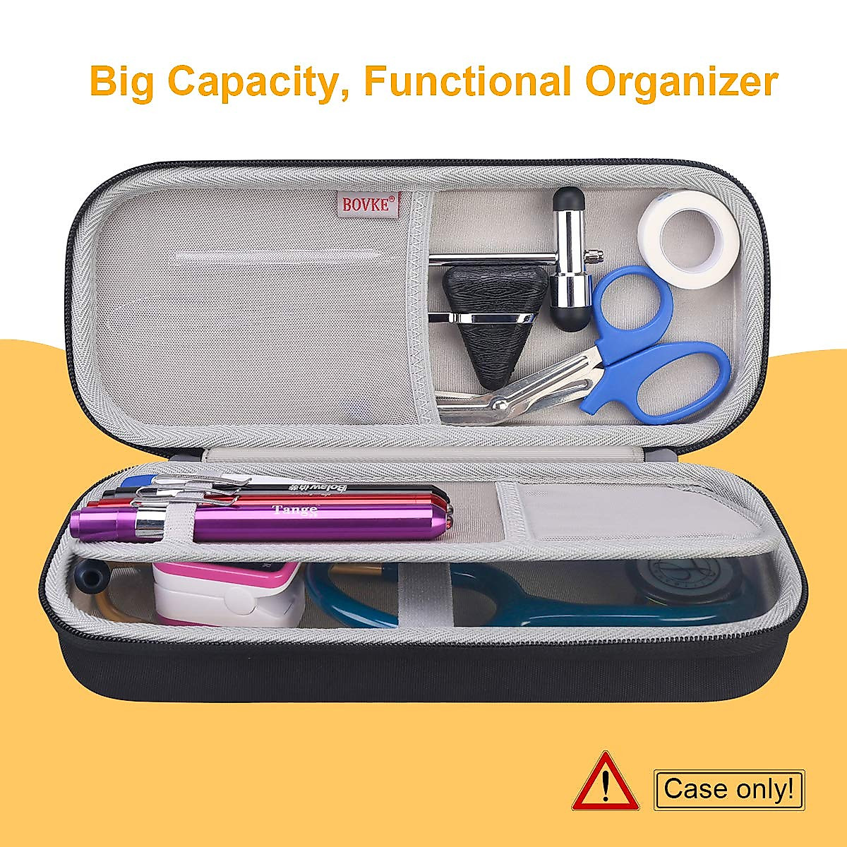 BOVKE Hard Stethoscope Case for 3M Littmann Classic III, Lightweight II S.E, Cardiology IV Diagnostic, MDF Acoustica Deluxe Stethoscopes - Extra Room for Taylor Percussion Hammer and Penlights, Black