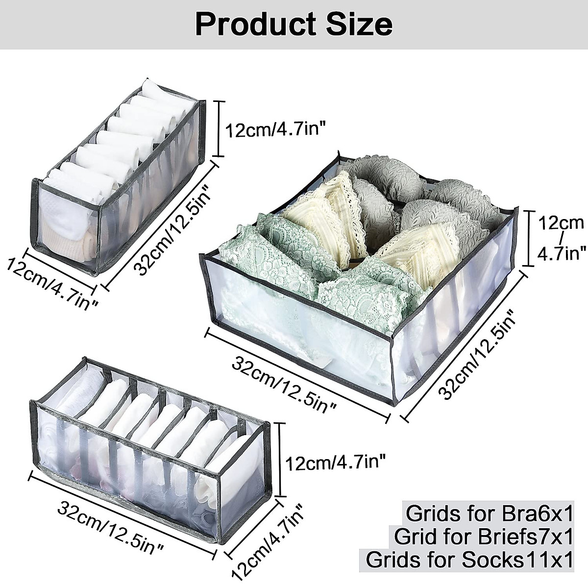 AmasSmile Wardrobe Clothes Organizer, 7 grids Washable Clear Mesh Closet Organizers and Storage Bins Drawer Dividers for Underwear，Bra, Underpants, Socks(3PCS BEIGE)