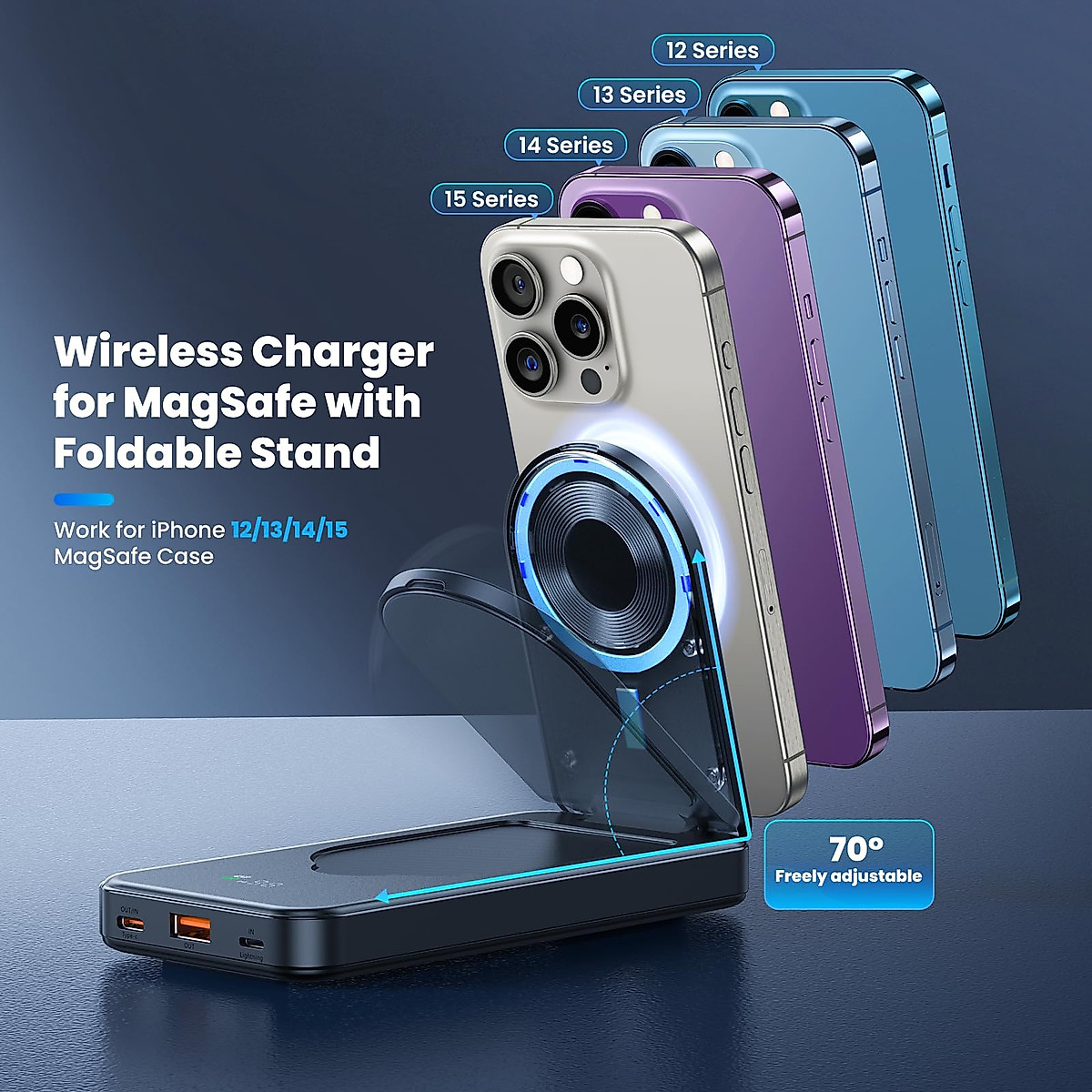 SQERO Wireless Portable Charger Power Bank with Magnetic Foldable Stand Charge Station Compatible with MagSafe, 10000mAh 22.5W PD Fast Charging for Magsafe Battery Pack (Black)